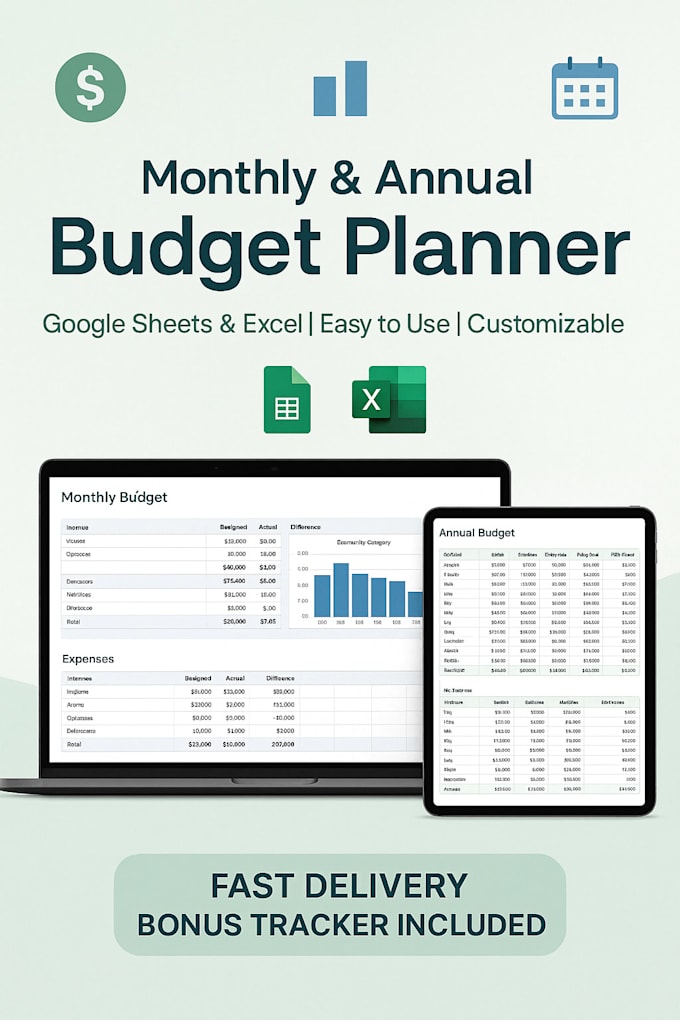 Monthly custom budget spreadsheet, personal financial tracker planner ...