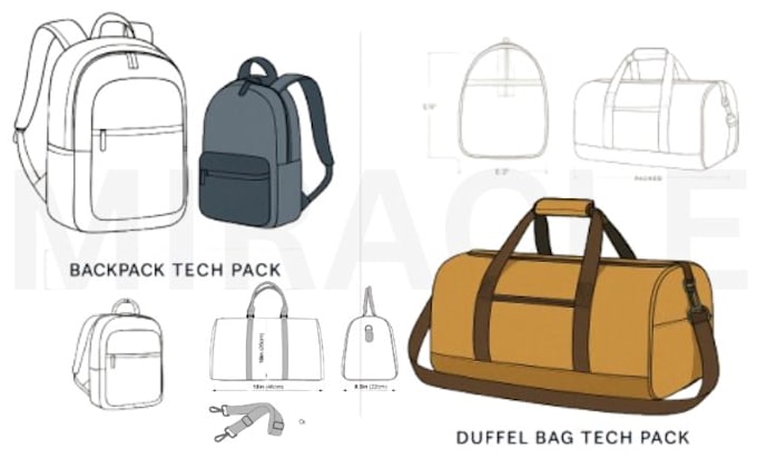 Design bag tech pack, tote handbag tech pack, flat sketch, duffel bag ...