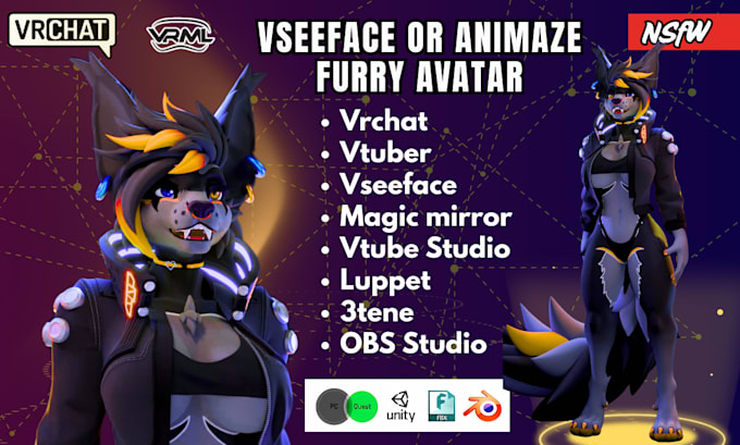 Create custom furry vrchat avatar, furry vtuber model, fursona nsfw animaze avi by Rhpaws | Fiverr