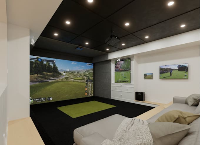 Redesign golf simulator home render, interior design, showroom, gaming ...