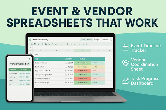 Event management spreadsheet, vendor coordination spreadsheet, task ...