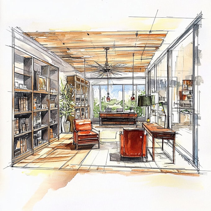 Draw architectural sketches of shop and home interior views with watercolor by Buffabaurs | Fiverr