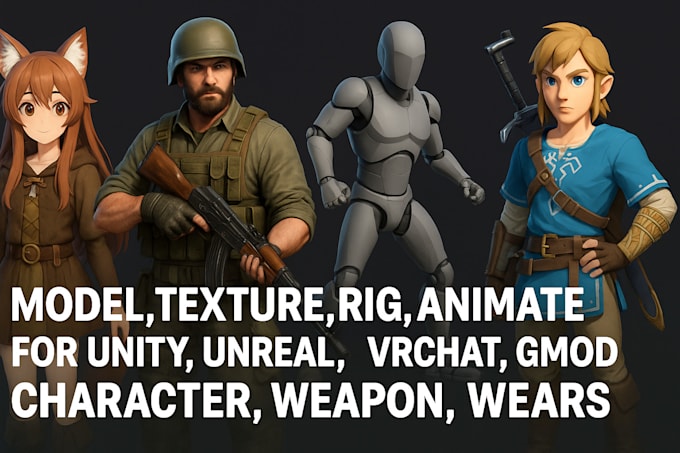 Model,texture,rig,animate for unity, unreal, vrchat, gmod character weapon wears by Maruwa1 | Fiverr