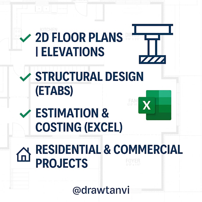 Do 2d floor plans, elevations, structural design, and cost estimation by Drawtanvi | Fiverr