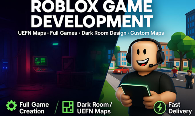 Roblox full game creation, game map, dark room uefn map, roblox development by Gamethrone1 | Fiverr