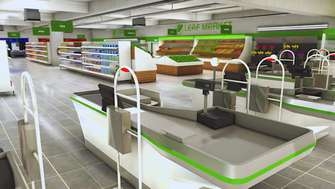 Create a 3d supermarket store, grocery store , retail store, store mall ...