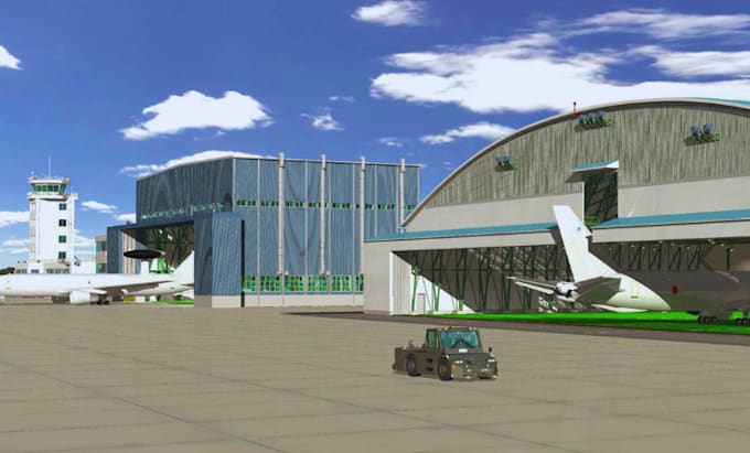 Design 3d airplane hanger, 3d airport terminal by Tom_ade18 | Fiverr