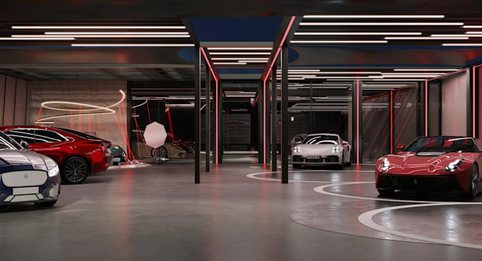 Retouch 3d luxury car showroom interior, car park, skp rendering, cgi ...