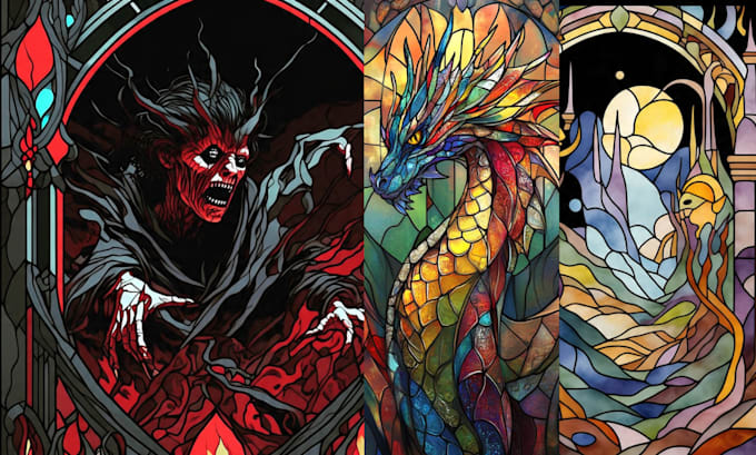 Illustrate dark stained glass art fantasy art mystery mosaic digital ...