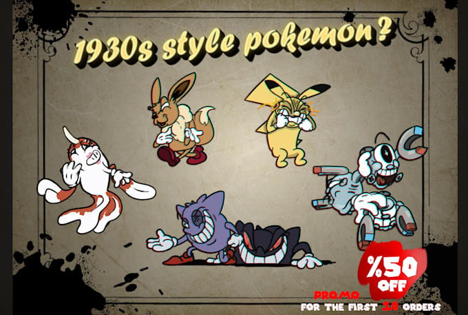 Draw your pokemon in a 1930s rubberhose cartoon style by Labucce | Fiverr