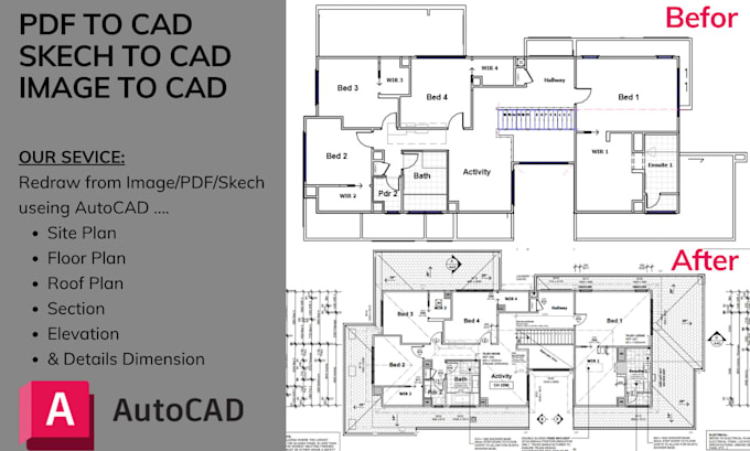 Convert your pdf, image or sketch drawing to 2d cad or revit by ...