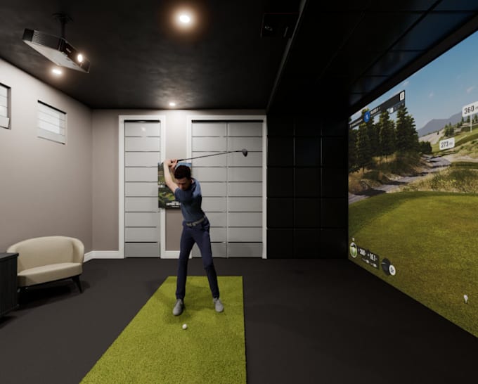 Render golf showroom,golf house,revit,mini putting green,golf simulator ...