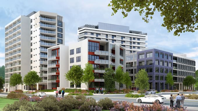Render 3d mixed use building,condo highrise apartment,multi complex ...