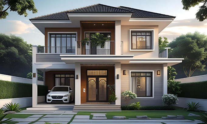 Visualize 3d architecture exterior render front elevation facade design of house by Engineer ...