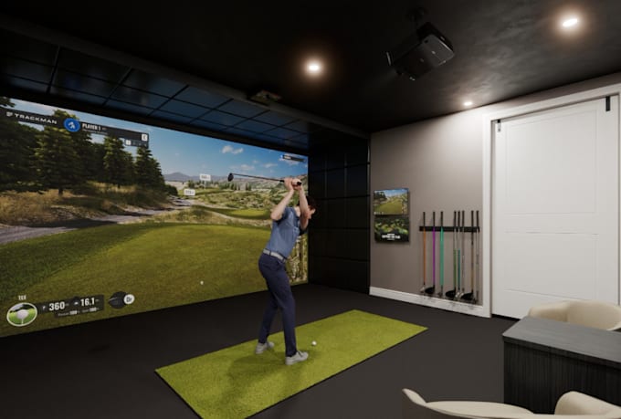 Custom house renovation,golf interior render, golf screen simulator ...