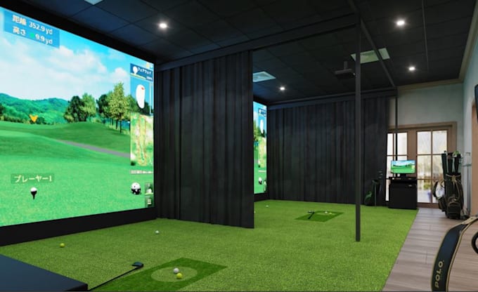 Renovate 3d golf simulator,isometric view,sports bar,golf interior,cgi ...