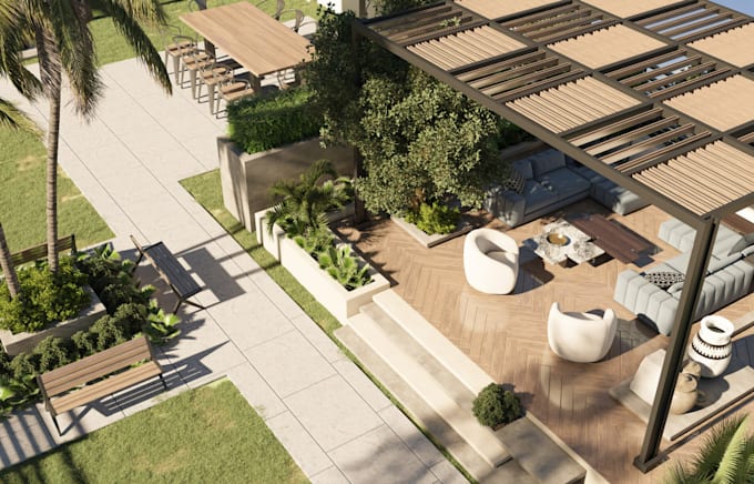 Refurbish 3d rooftop lounge,poolside cabana,cgi outdoor furniture,terrace render by ...