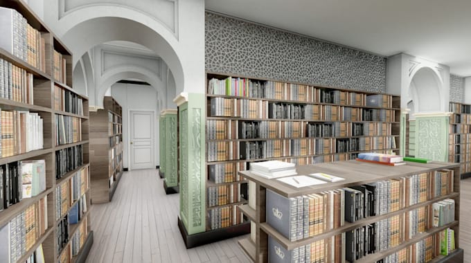 Reconfigure library interior rendering, private office design, hallway ...