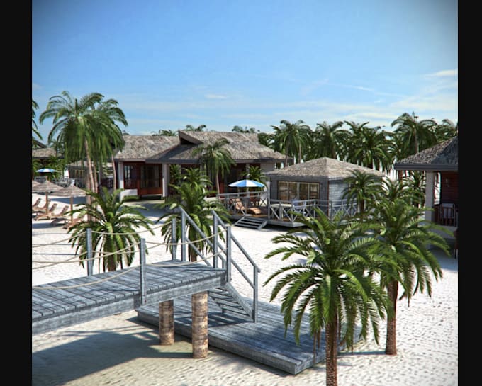 Do photorealistic 3d beachfront resort,pool,villa seaside retreat,palm ...