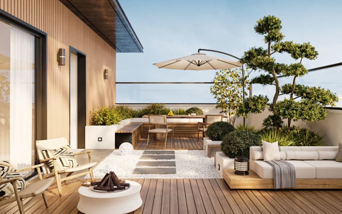 Revit 3d minimalist balcony,patio,backyard design,3d apartment garden ...