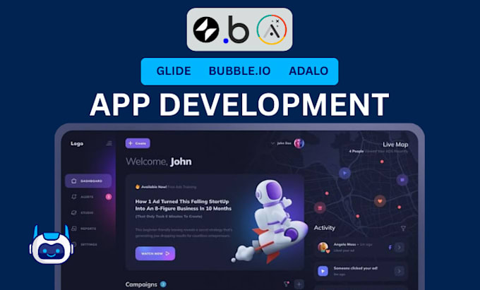 No code glide app bubble io adalo mobile and web application glide by Unbounceberry | Fiverr