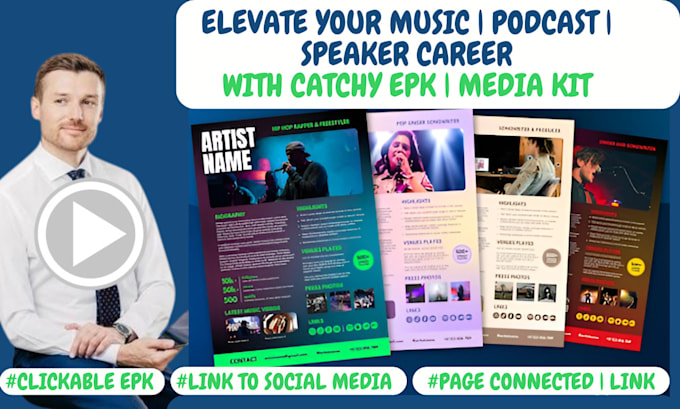 Design music epk, speaker media kit with clickable buttons, one sheet ...