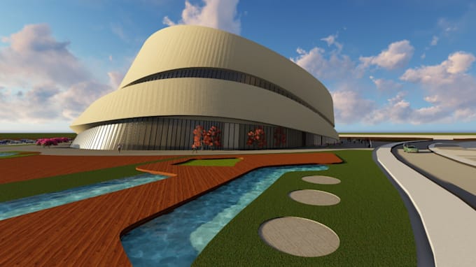 Remodel 3d modern building,cultural center,green space,wooden pathway ...