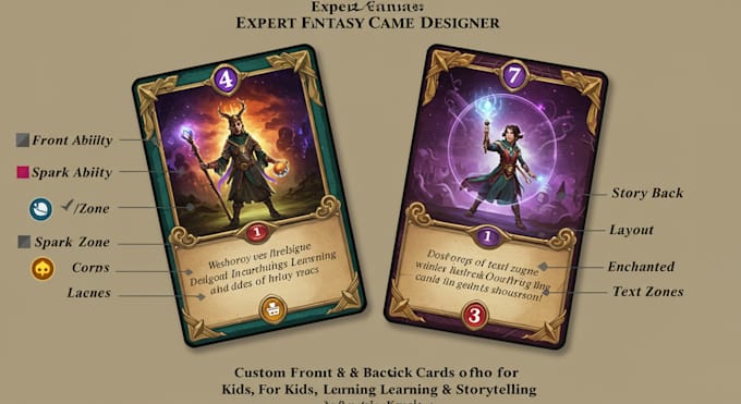 Design educational fantasy card game with story style layout for kids ...