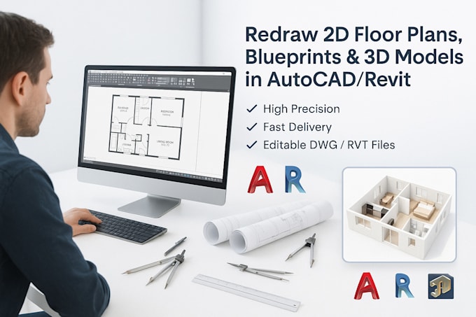 Redraw 2d floor plan, house plans, blueprint, 3d floor plans in autocad ...