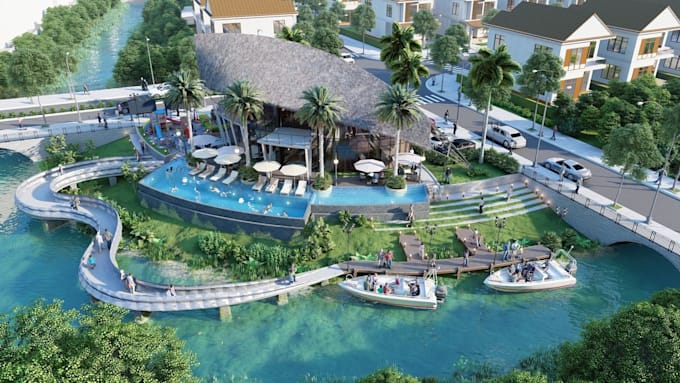 Design stunning 3d resort park, clubhouse and waterfront leisure center ...