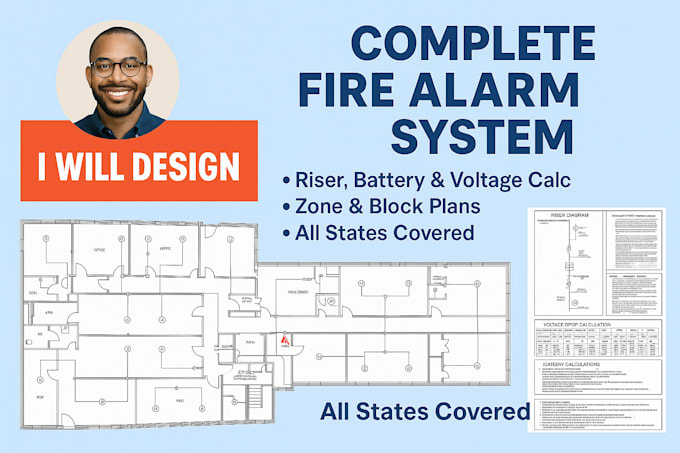Design complete fire alarm system with riser, battery and voltage calc ...
