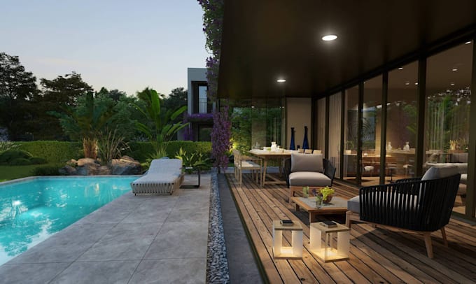 Do landscape design backyard, villa, garden office, pool, pergola 3d ...