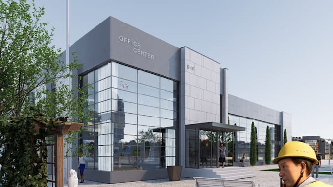 Remodel facade commercial building, functional workspace, cgi interior ...