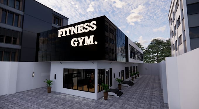 Retouch 3d modern gym interior and exterior, equipment layout, yoga ...