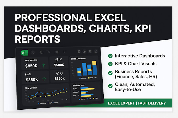 Create professional excel dashboards, charts, kpi reports or excel data ...