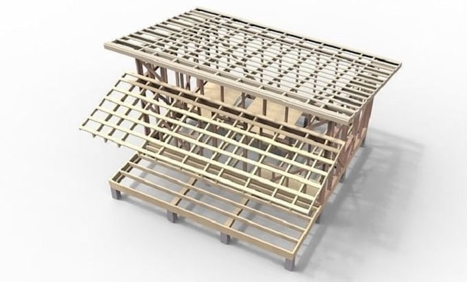 Create timber frame houses frame wood structure 3d houses frame with ...