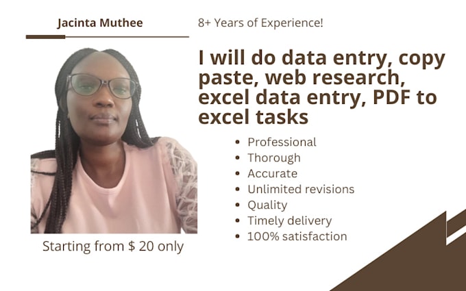 Do data entry, copy paste, web research, excel data entry, pdf to excel tasks by Jacinta_muthee ...