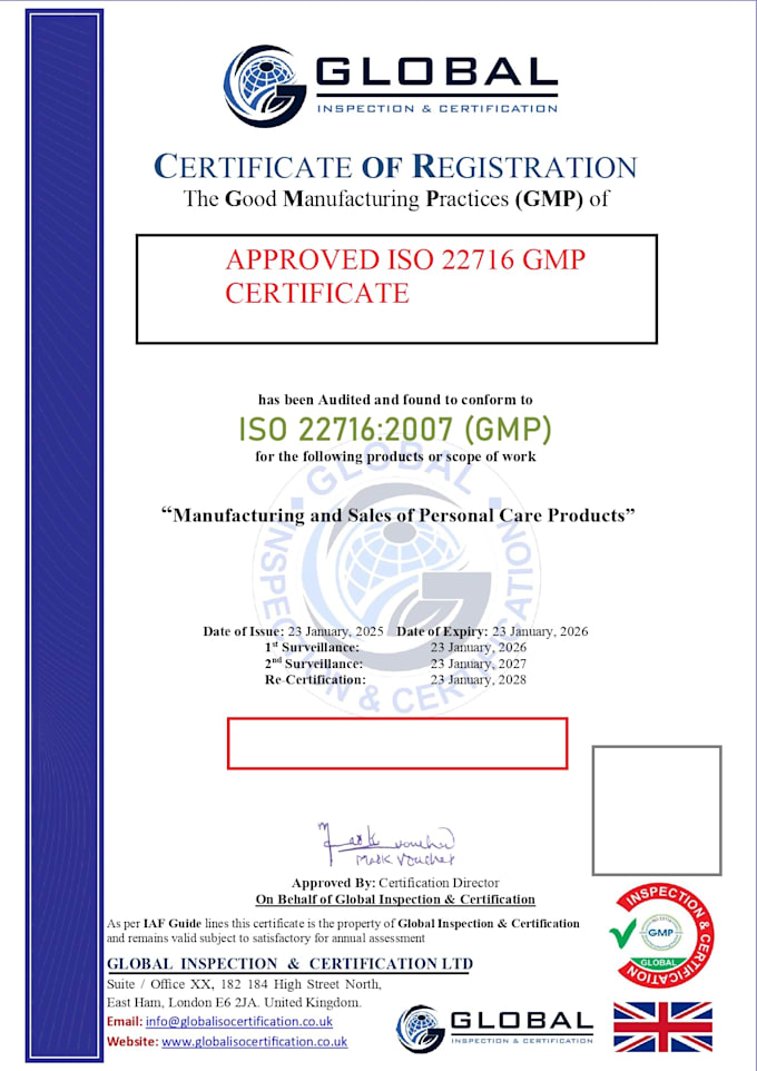 Give iso 22716 gmp documentation with a verified certificate by Food ...