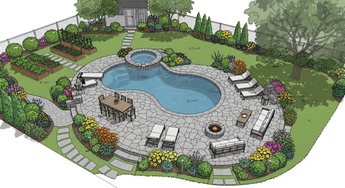 Do garden plan, backyard design, swimming pool layout, patio design in ...