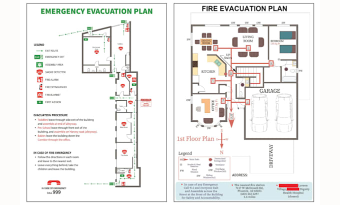 Design fire emergency plan, fire evacuation plan, egress plan, exit map ...
