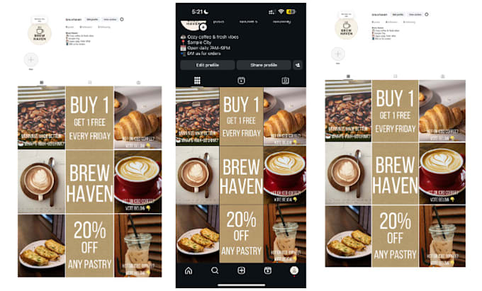 Diseño estético de cuadrículas de instagram 1x1, 2x2, 3x3 para tu marca