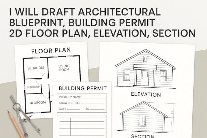 Draft architectural blueprint, building permit 2d floor plan, elevation ...