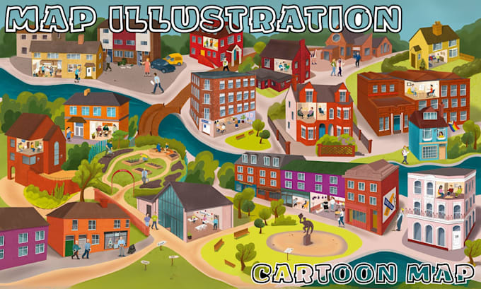 Create cartoon map fantasy world map illustration building kids playmat ...