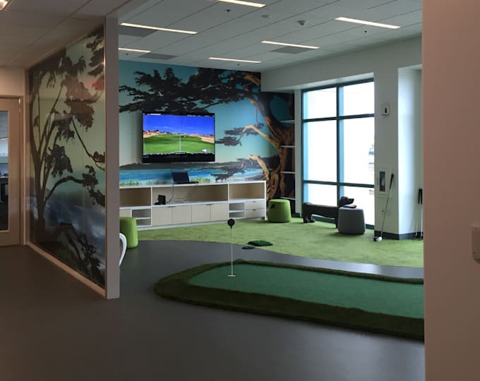 Modernize golf showroom,interior decor,sport arena,mini green,ceiling ...