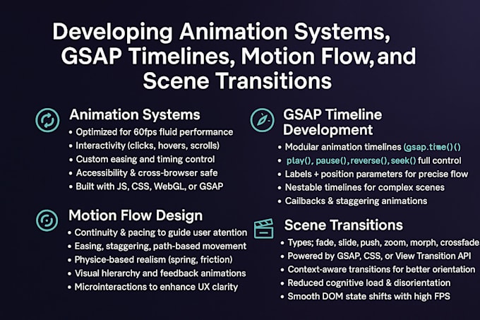 Develop animation system gsap timeline motion flow and scene transitions by Markmanfenedy | Fiverr