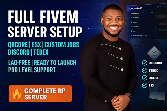 Full fivem server setup with qbcore or esx, custom jobs, ui, and api integration