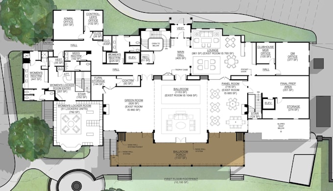 Labeled commercial layout, multiuse facility,2d drawing permit, site ...