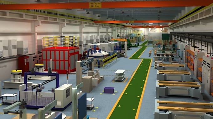 Redesign factory interior, 3d warehouse, industrial facility, equipment ...