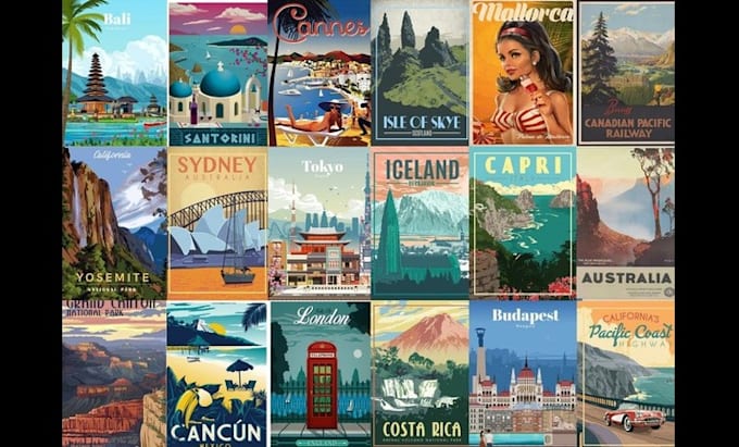 Design vintage retro, art deco, travel poster vector art landscape ...