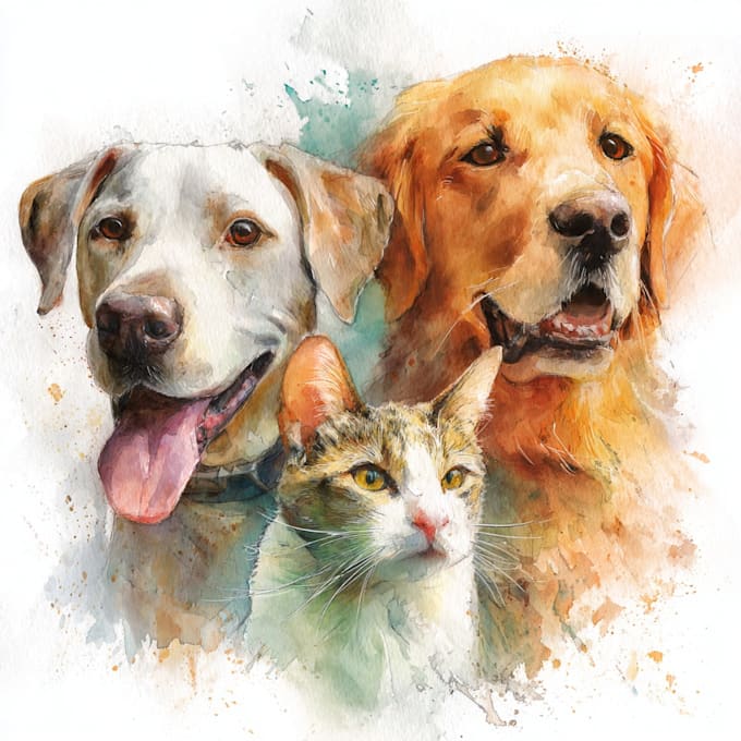 Draw aesthetic watercolor pet portrait dog, cat, family, etc by ...